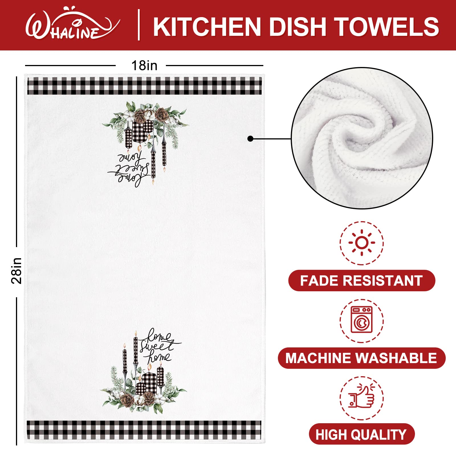 Whaline Christmas Kitchen Towel Xmas Tree Truck Gift Box Dish Towel Watercolor White Black Buffalo Plaids Hand Drying Tea Towel for Cooking Baking, 4 Pack, 18 x 28 Inch