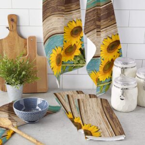 PIEPLE Farmhouse Blooming Sunflower Kitchen Towels - 3 Pack Microfiber Absorbent Dish Towels for Kitchen Retro Teal Brown Wood Grain Farmhouse Kitchen Hand Towels/Tea Towels/Bar Towels 18"x28"