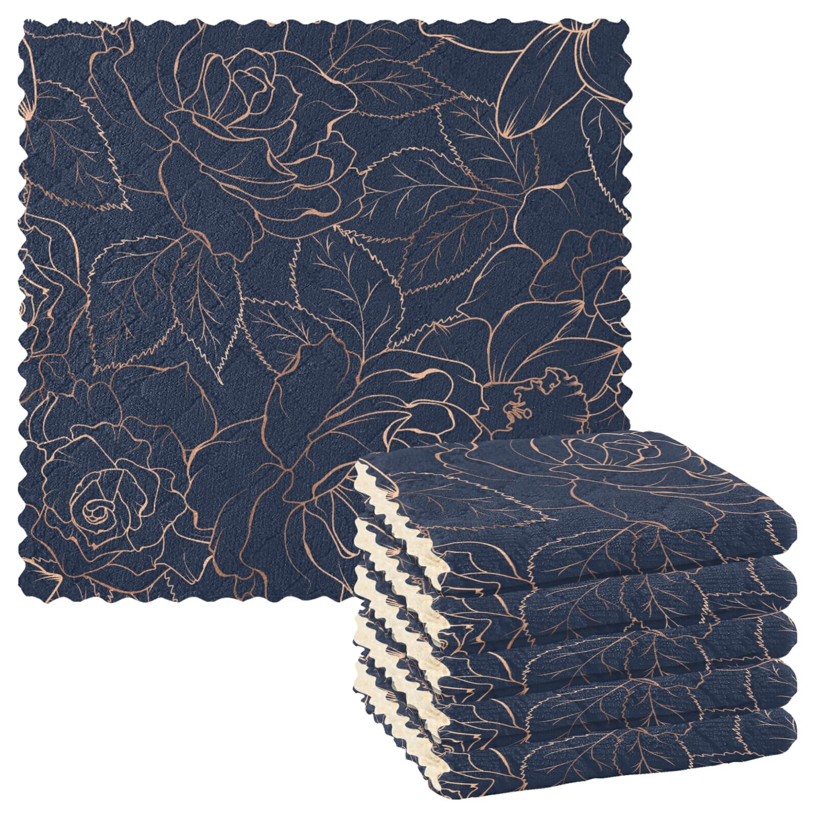 Copper-Gold Shiny Outline Rose Peony Flowers Leaves on Dark Navy Blue 6 Set Kitchen Dish Towels, Washcloths Cleaning Cloths Dish Cloths, Absorbent Towels Lint Free Bar Tea Soft Waffle Towel 11"x11"