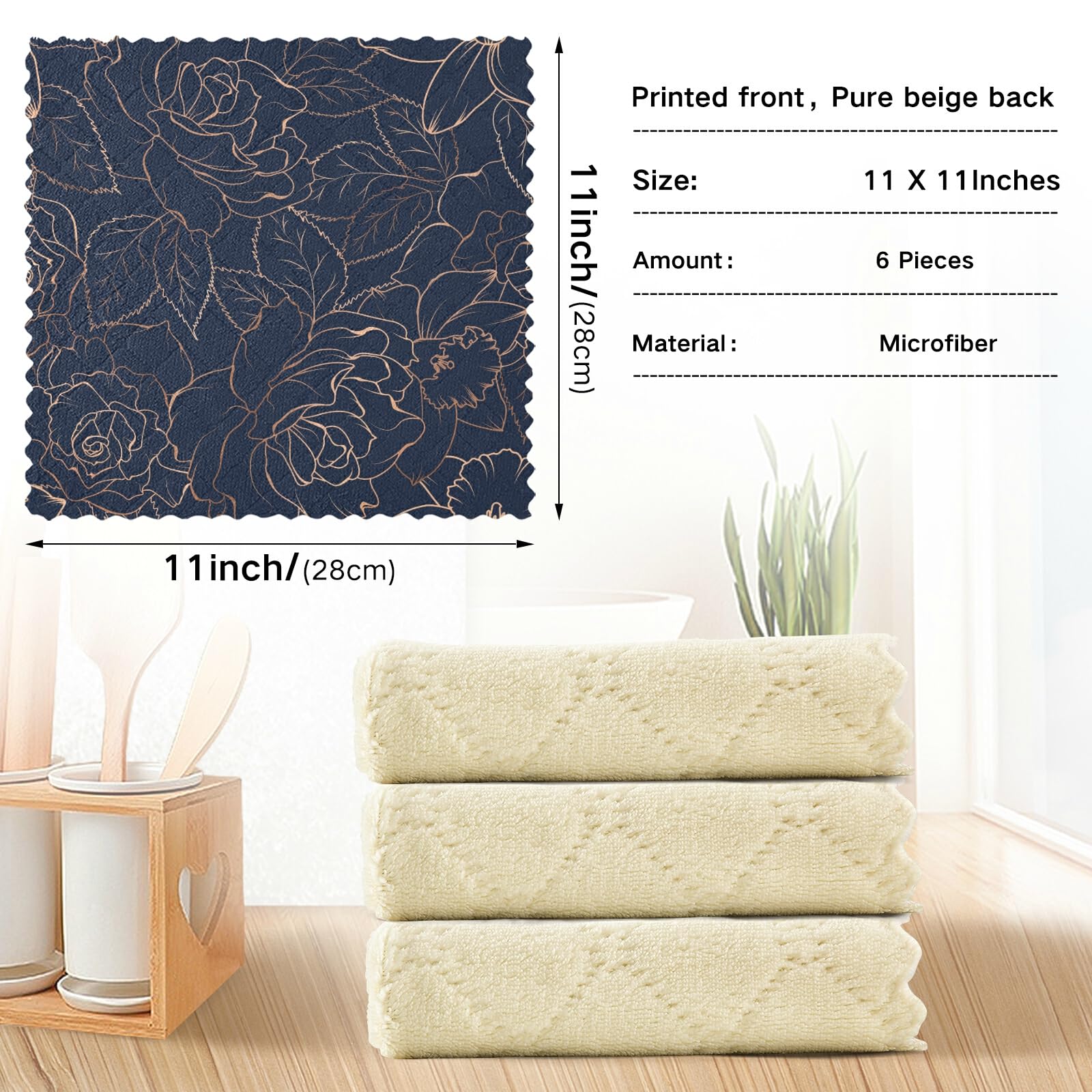 Copper-Gold Shiny Outline Rose Peony Flowers Leaves on Dark Navy Blue 6 Set Kitchen Dish Towels, Washcloths Cleaning Cloths Dish Cloths, Absorbent Towels Lint Free Bar Tea Soft Waffle Towel 11"x11"