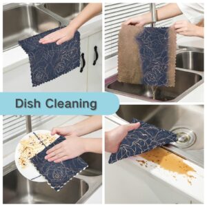 Copper-Gold Shiny Outline Rose Peony Flowers Leaves on Dark Navy Blue 6 Set Kitchen Dish Towels, Washcloths Cleaning Cloths Dish Cloths, Absorbent Towels Lint Free Bar Tea Soft Waffle Towel 11"x11"