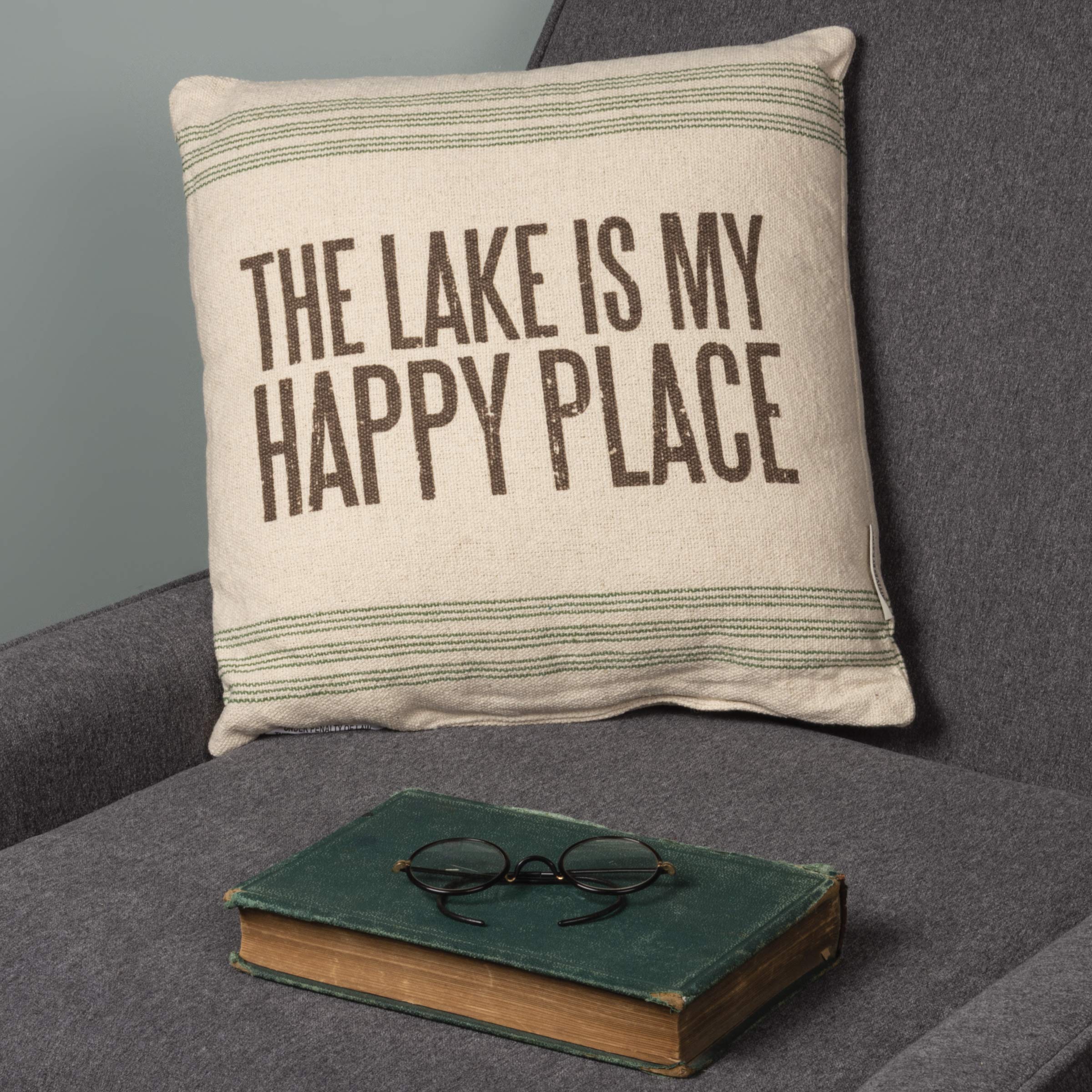 Primitives by Kathy 31049 Vintage Flour Sack Style The Lake is My Happy Place Throw Pillow, 15-Inch Square