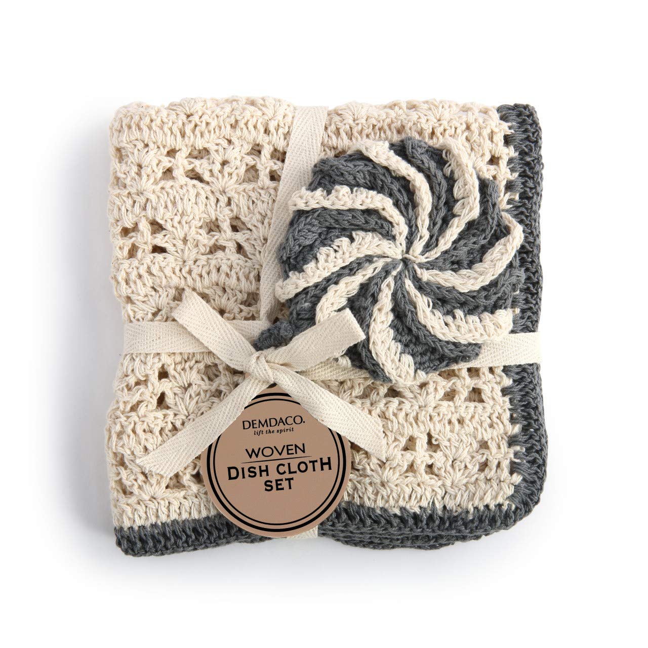 DEMDACO Woven Crochet Neutral and Black 4 x 4 Cotton Fabric Dish Cloth and Scrubber Set