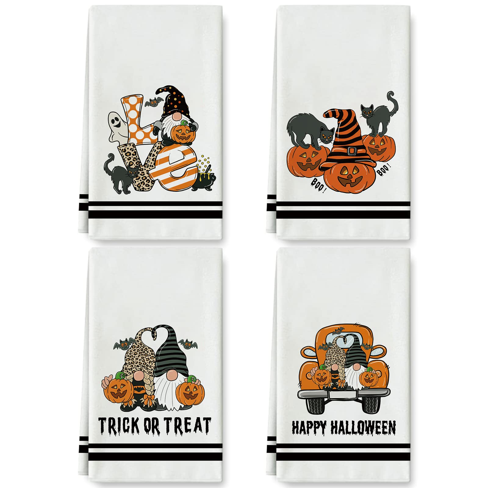 AnyDesign Halloween Kitchen Dish Towel 18 x 28 Inch Halloween Gnome Pumpkin Truck Love Tea Towel Trick or Treat Drying Dishcloth Hand Towel for Kitchen Cooking Bake, 4 Packs