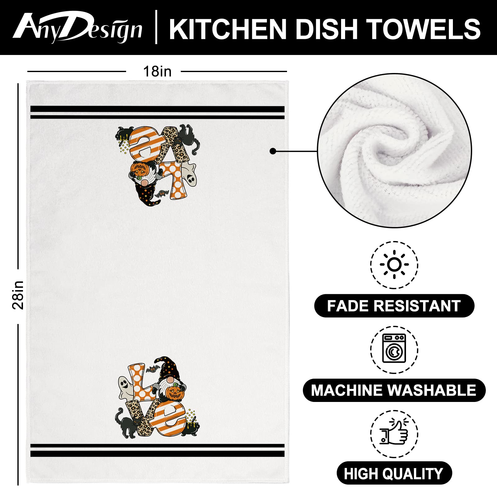 AnyDesign Halloween Kitchen Dish Towel 18 x 28 Inch Halloween Gnome Pumpkin Truck Love Tea Towel Trick or Treat Drying Dishcloth Hand Towel for Kitchen Cooking Bake, 4 Packs