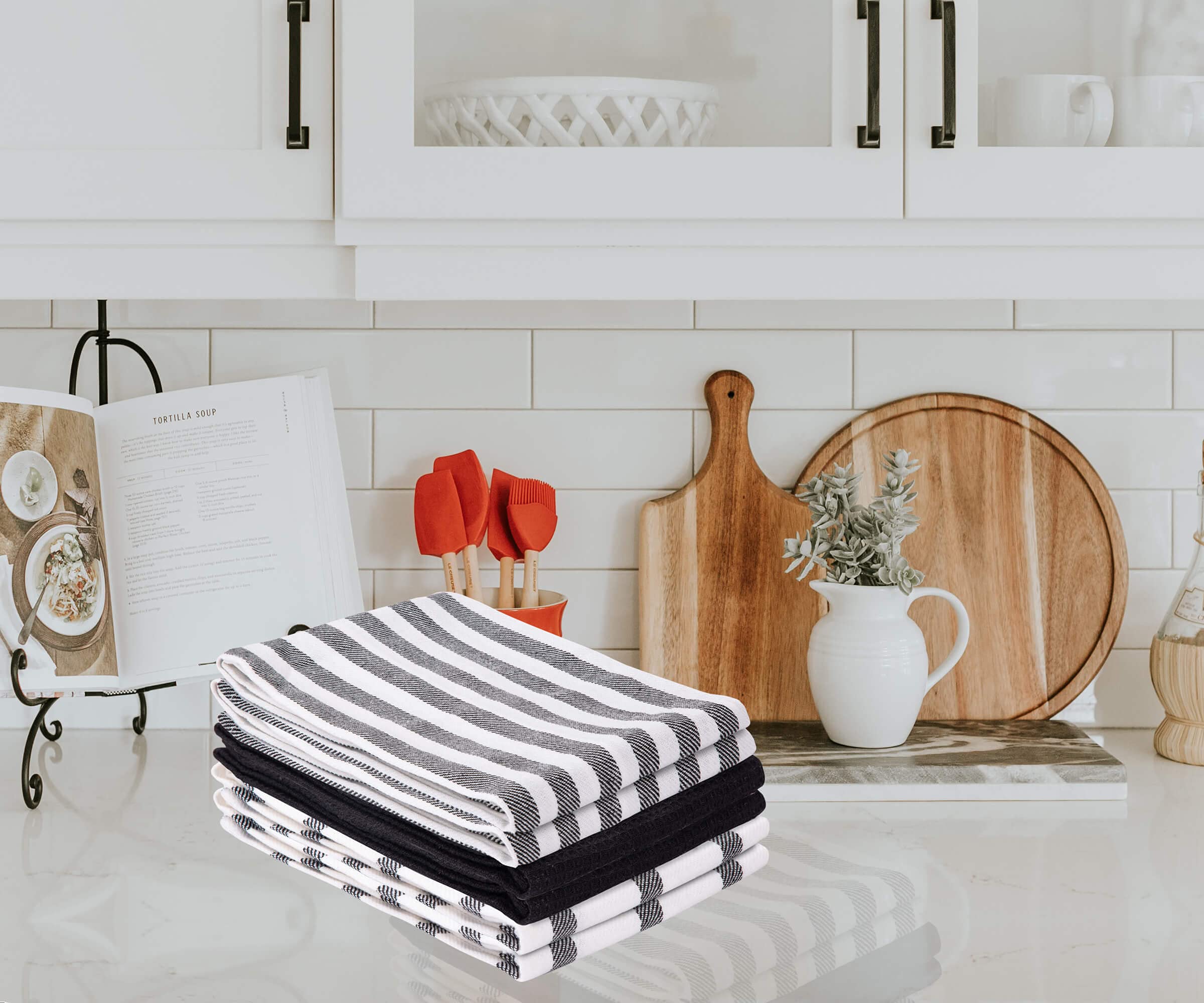 Black Kitchen Towels - Linen Dish Towels - Black and White Striped Kitchen Towels - Farmhouse Dish Towels - Black Cotton Dish Towels Machine Washable, Linen Collection Bar Dish Towels 6 Pack, 16X27