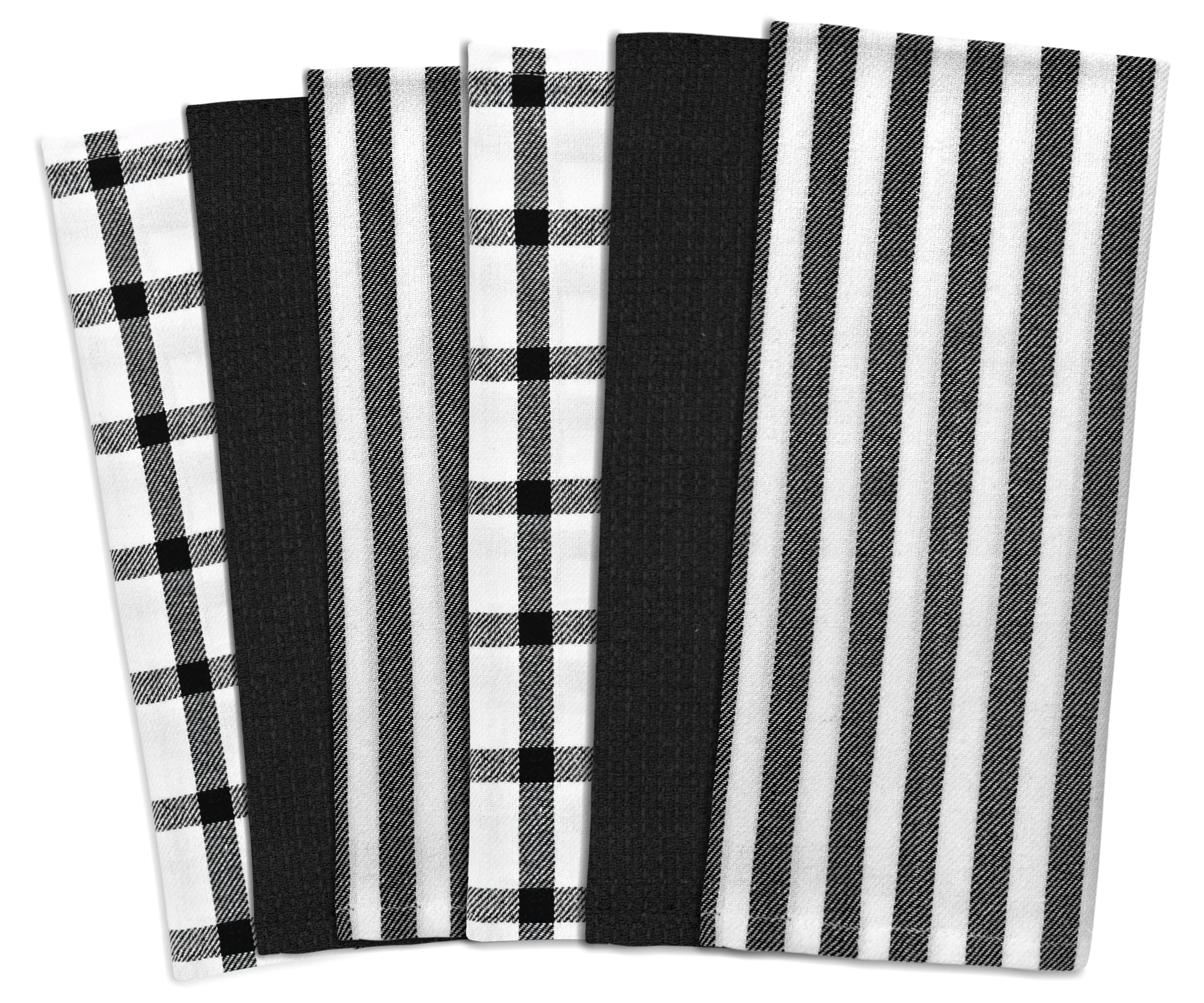 Black Kitchen Towels - Linen Dish Towels - Black and White Striped Kitchen Towels - Farmhouse Dish Towels - Black Cotton Dish Towels Machine Washable, Linen Collection Bar Dish Towels 6 Pack, 16X27