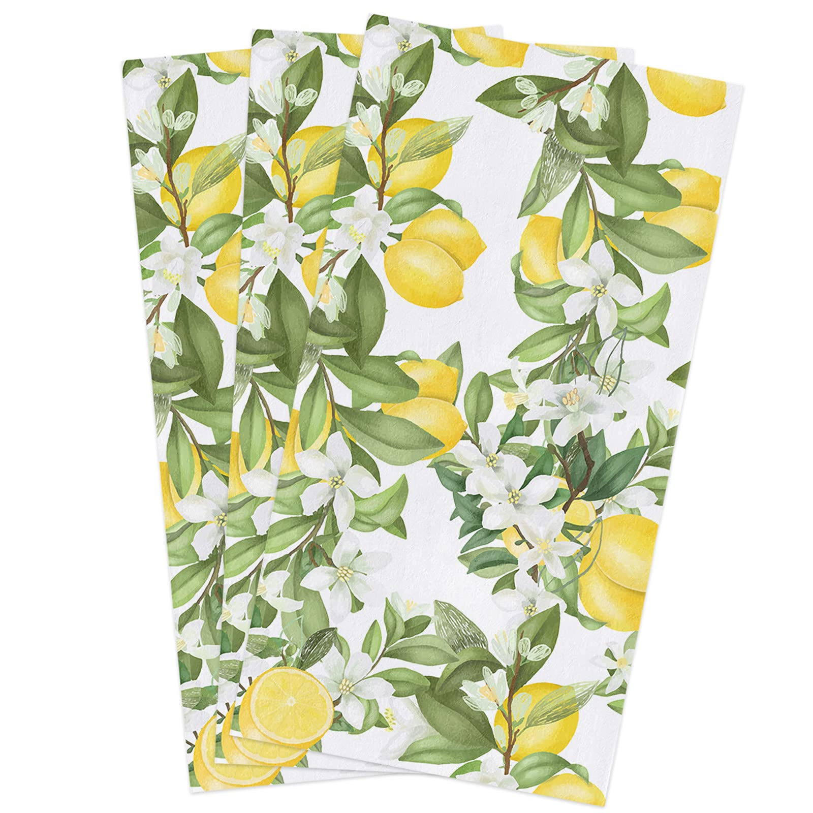 Cotton Kitchen Towels 3 Pack 18 X 28 Inch Summer Fruits Lemon White Flowers Super Soft Tea Towels/Bar Towels/Hand Towels Absorbent Reusable Cleaning Cloth Dish Towels for Kitchen, Bathroom