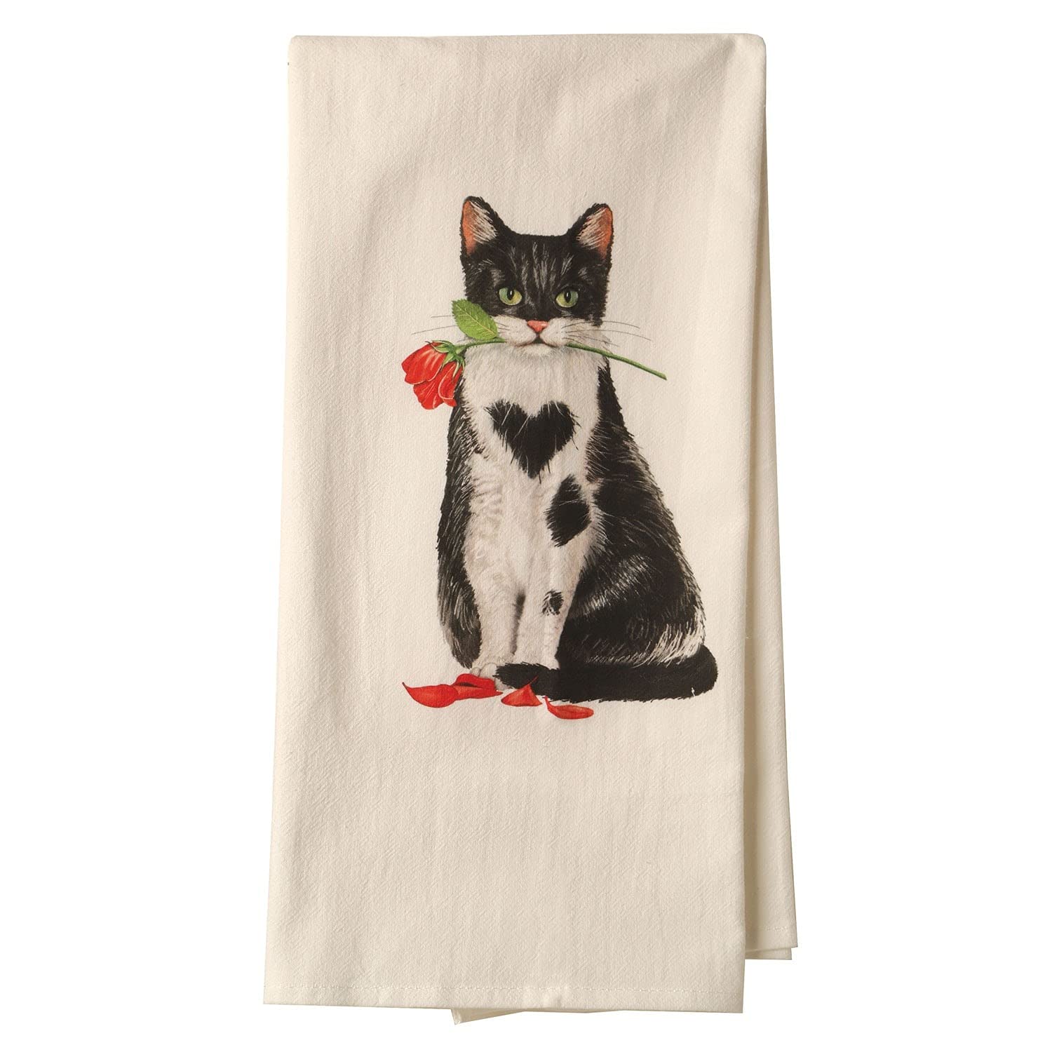 Mary Lake-Thompson Ltd. Busy Kitties Tea Towels - Black and White Cat with Rose Cotton Flour Sack Kitchen Cloth