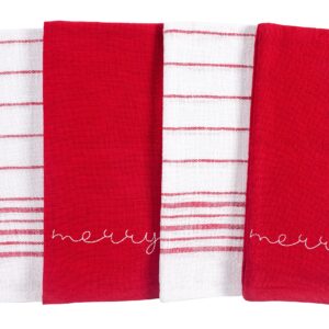 KAF Home Embroidered Holiday Kitchen Towels - Set of 4-100% Cotton, Enzyme Washed Slub, 18" x 28" (Merry)