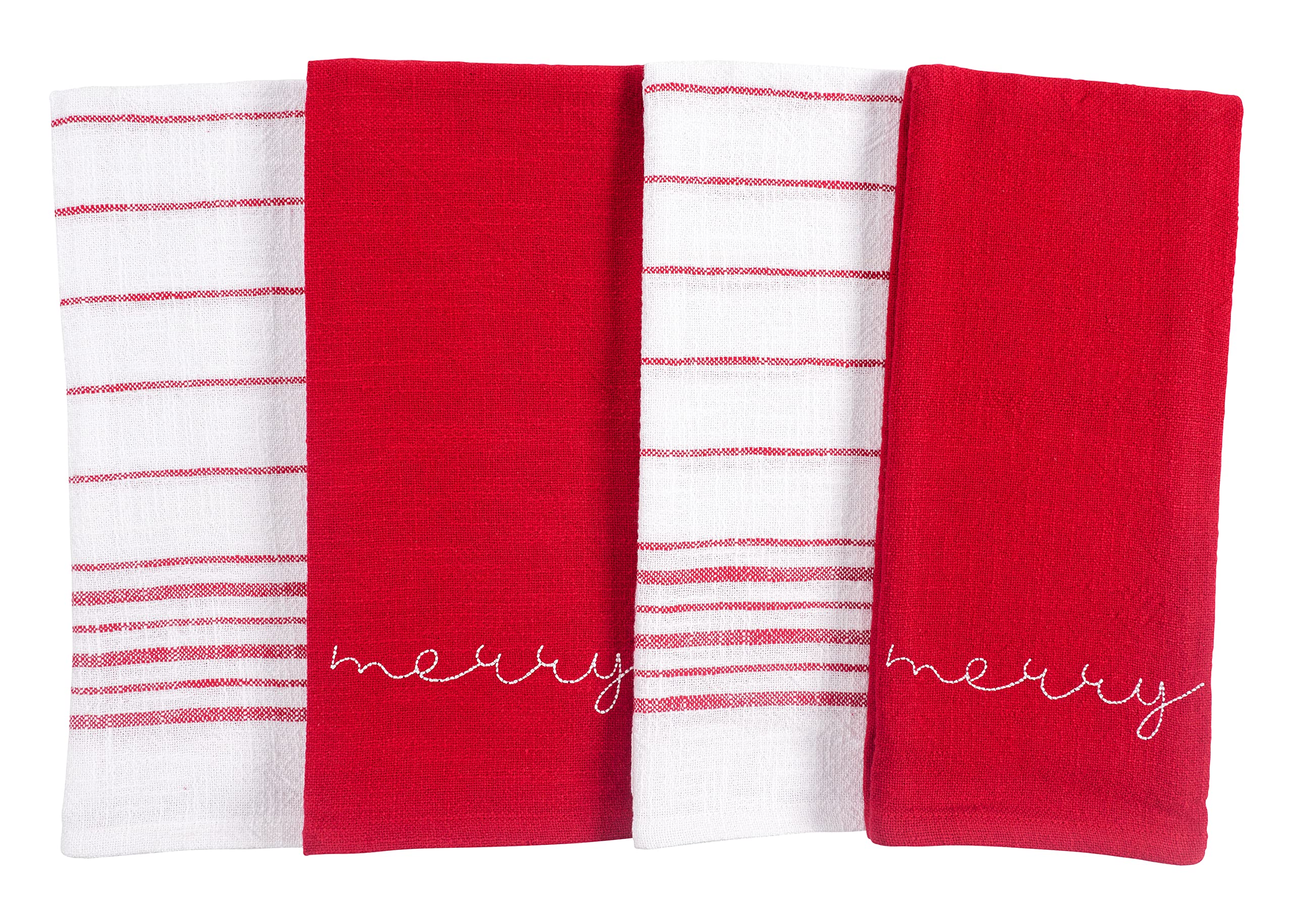 KAF Home Embroidered Holiday Kitchen Towels - Set of 4-100% Cotton, Enzyme Washed Slub, 18" x 28" (Merry)