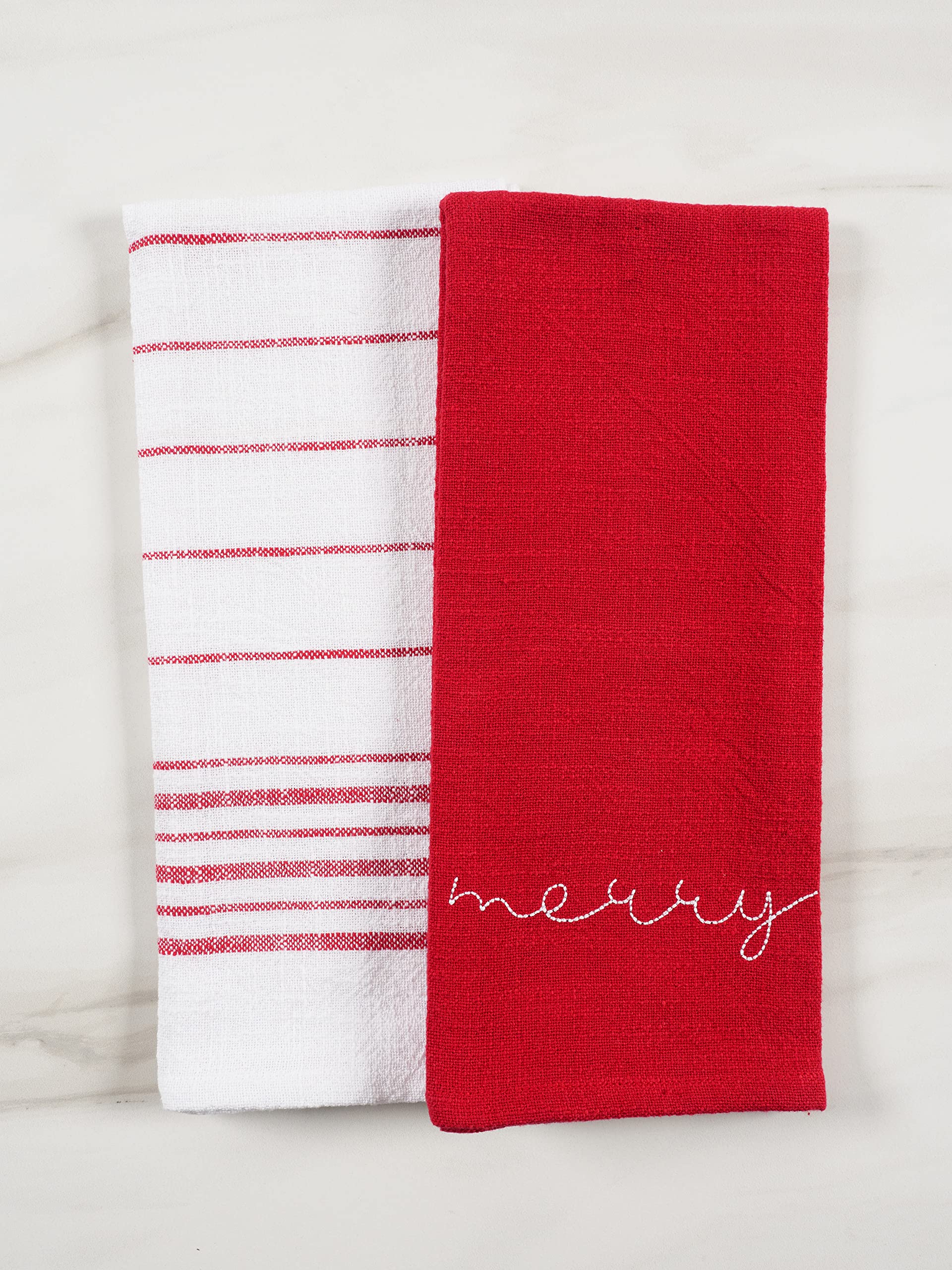 KAF Home Embroidered Holiday Kitchen Towels - Set of 4-100% Cotton, Enzyme Washed Slub, 18" x 28" (Merry)