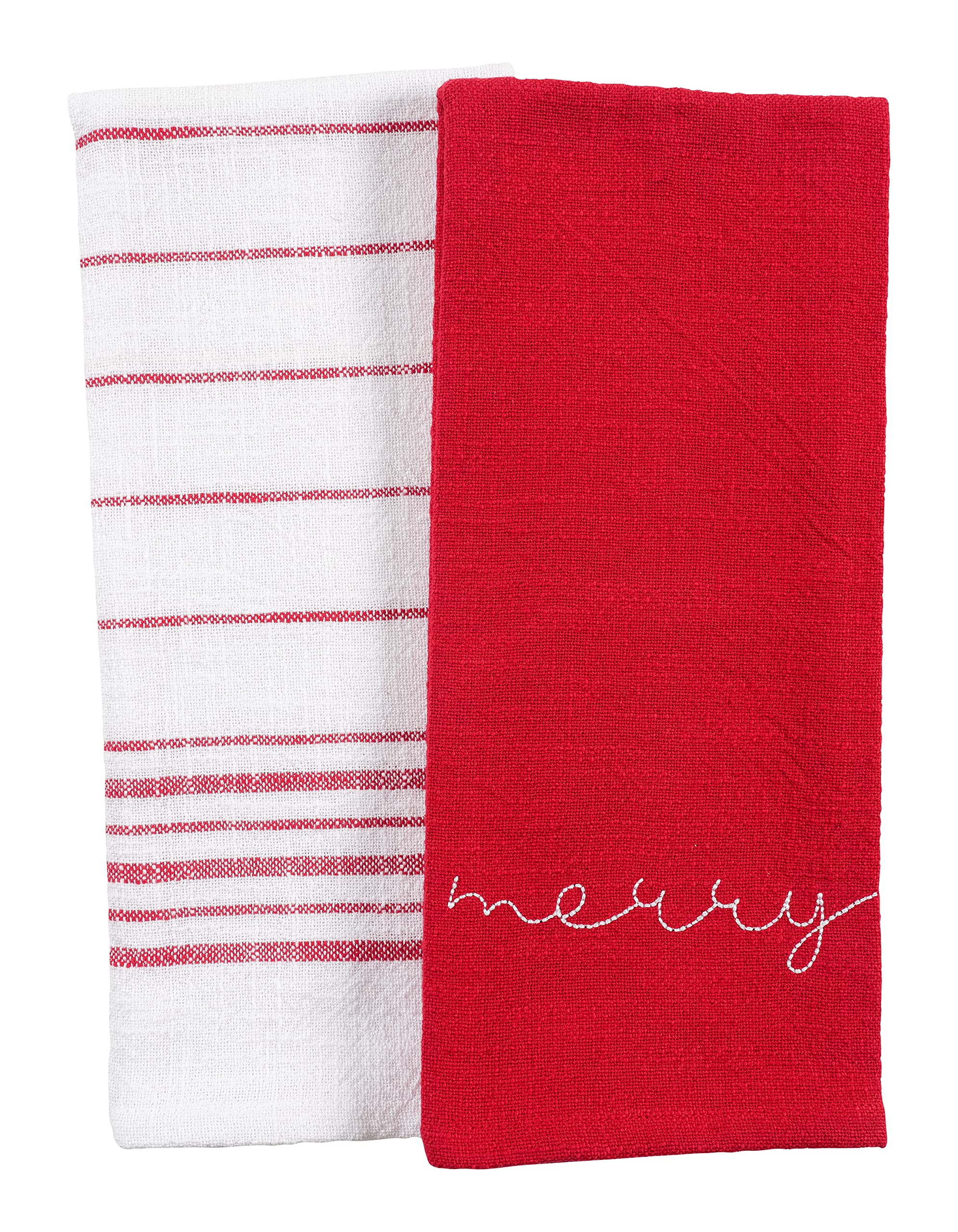 KAF Home Embroidered Holiday Kitchen Towels - Set of 4-100% Cotton, Enzyme Washed Slub, 18" x 28" (Merry)