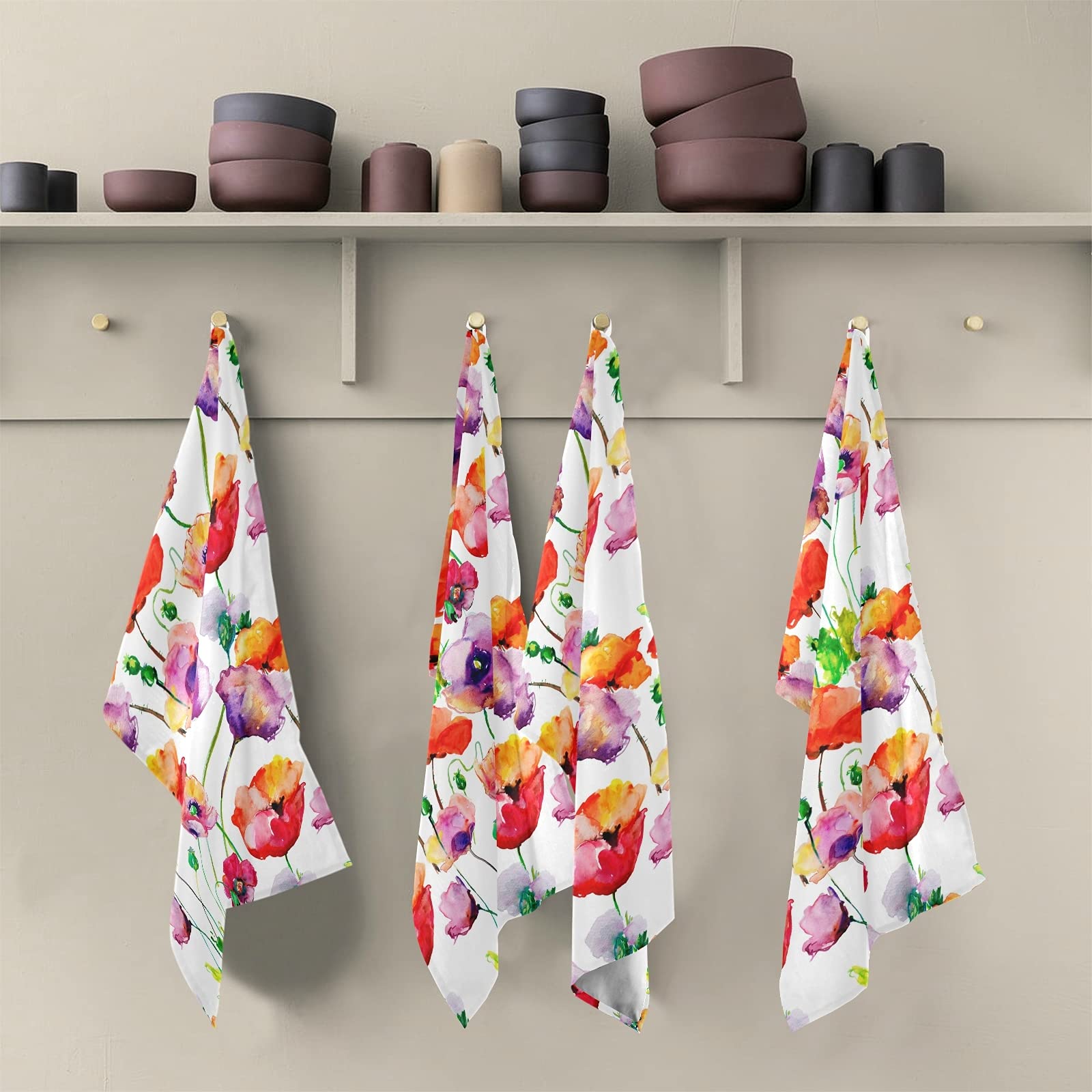 ALAZA Red Corn Poppy Purple Flower Kitchen Towels 6 Set Dish Cloths Dishcloths 18 X 28 Inches Dish Towel Tea Towels with Hanging Loop Decorative Waffle Towels