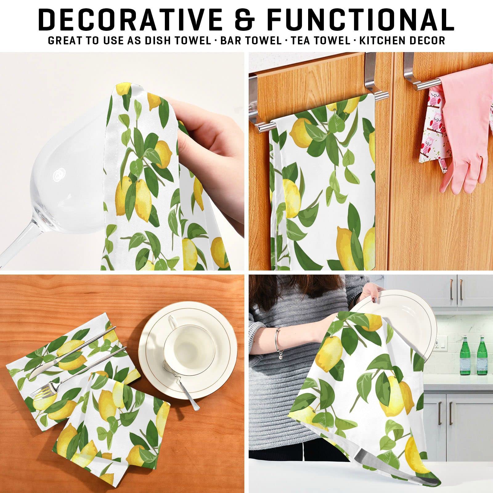 Kigai Kitchen Towels Set of 4, Lemon Highly Absorbent Dish Towels Reusable Cleaning Cloths Washable Tea Towels Hand Towel 28 x 18 Inch