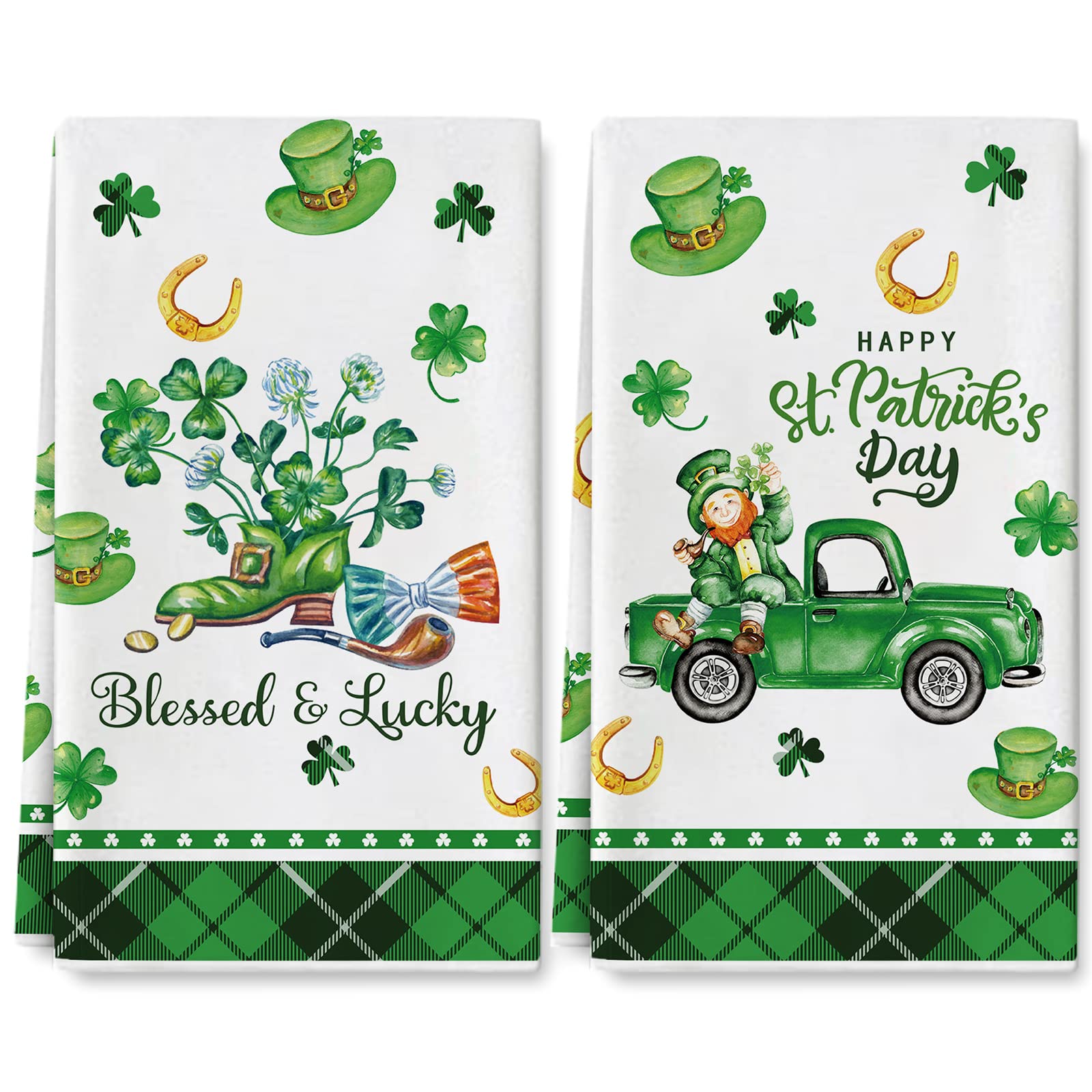 AnyDesign St. Patrick's Day Kitchen Towel Watercolor Shamrock Clover Truck Dish Towel Irish Green Check Plaids Hand Drying Tea Towel for Cooking Baking Cleaning Wipes, 18 x 28 Inch, 2 Pack