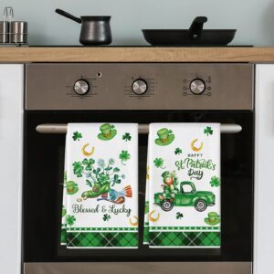 AnyDesign St. Patrick's Day Kitchen Towel Watercolor Shamrock Clover Truck Dish Towel Irish Green Check Plaids Hand Drying Tea Towel for Cooking Baking Cleaning Wipes, 18 x 28 Inch, 2 Pack