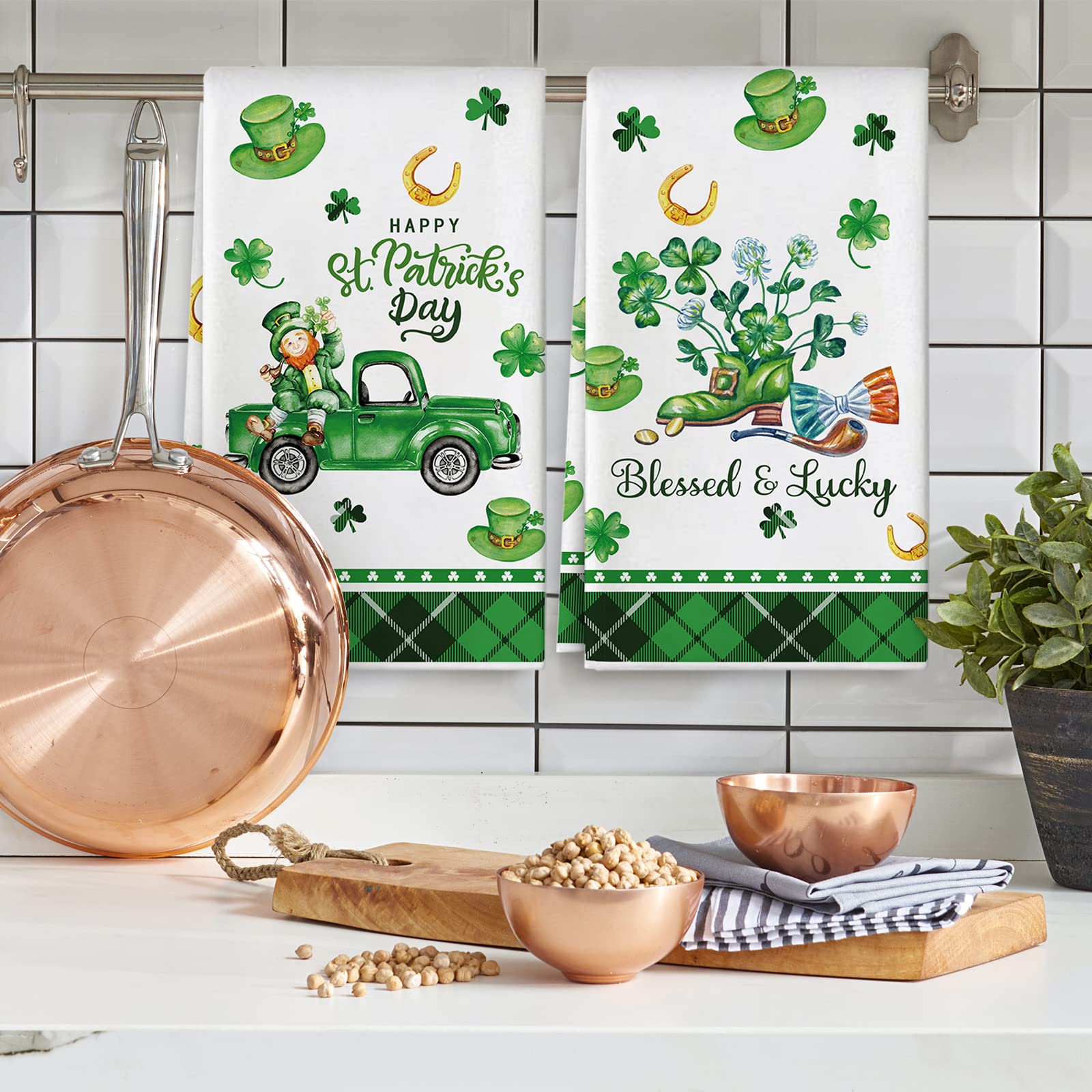 AnyDesign St. Patrick's Day Kitchen Towel Watercolor Shamrock Clover Truck Dish Towel Irish Green Check Plaids Hand Drying Tea Towel for Cooking Baking Cleaning Wipes, 18 x 28 Inch, 2 Pack