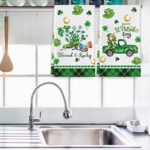 AnyDesign St. Patrick's Day Kitchen Towel Watercolor Shamrock Clover Truck Dish Towel Irish Green Check Plaids Hand Drying Tea Towel for Cooking Baking Cleaning Wipes, 18 x 28 Inch, 2 Pack