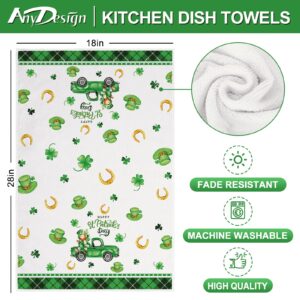 AnyDesign St. Patrick's Day Kitchen Towel Watercolor Shamrock Clover Truck Dish Towel Irish Green Check Plaids Hand Drying Tea Towel for Cooking Baking Cleaning Wipes, 18 x 28 Inch, 2 Pack