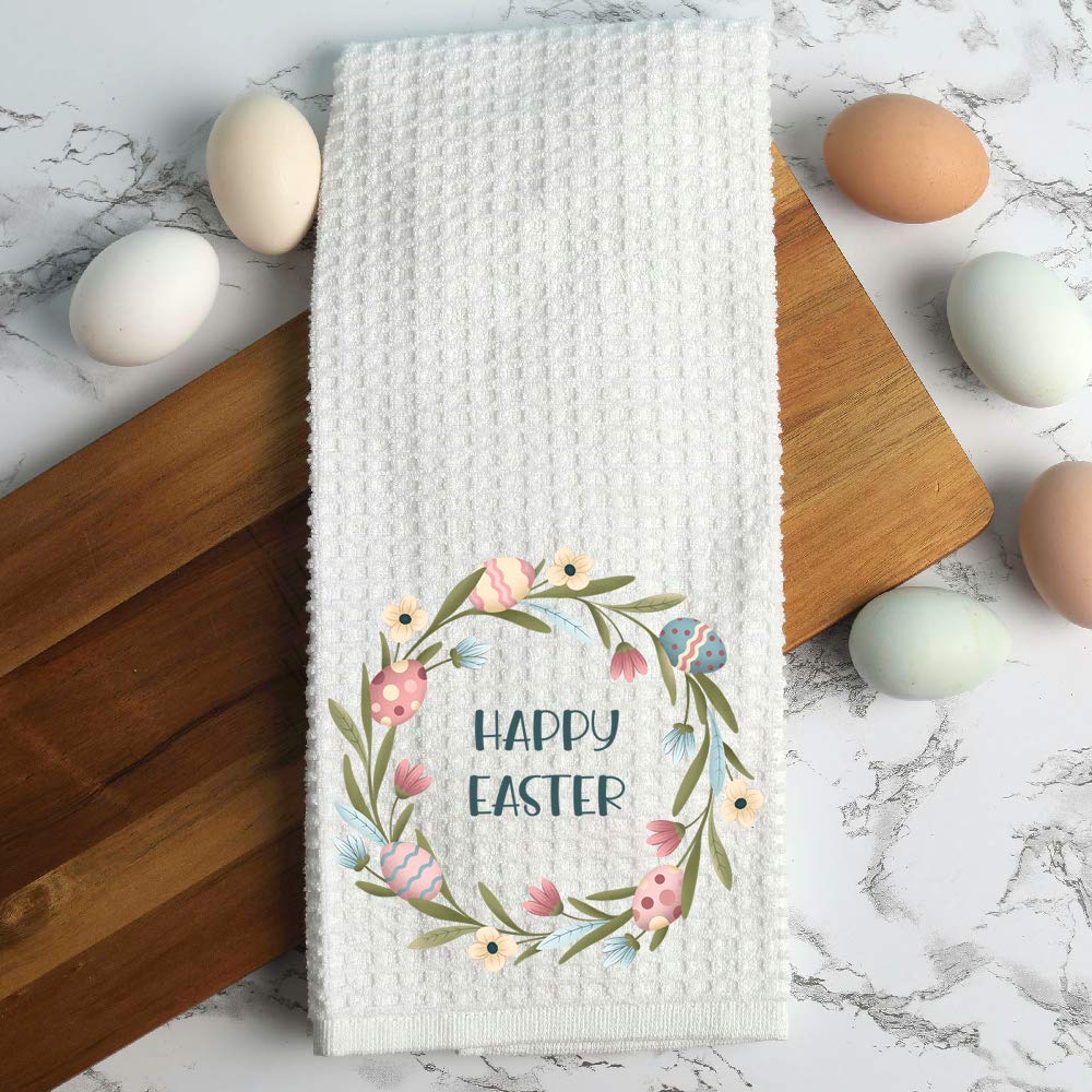 Happy Easter Wreath Dish Towel Happy Easter Christian Design Kitchen Towels Kitchen Décor Waffle Weave (16" x 24")