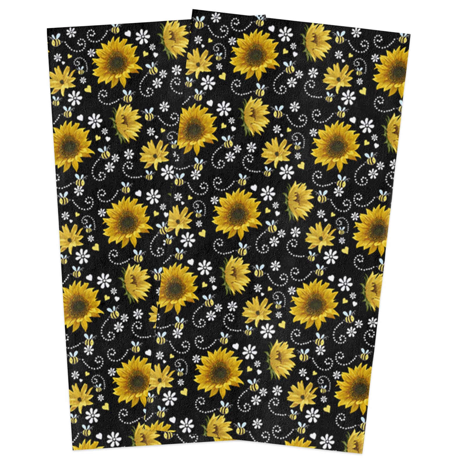 Meet 1998 Floral Sunflower Bee Kitchen Towels, Set of 2 Hand Drying Towel, Soft Absorbent Multipurpose Cloth Tea Towels for Cooking Baking, Yellow Black Washable Dish Towels Cloth 18x28 Inch