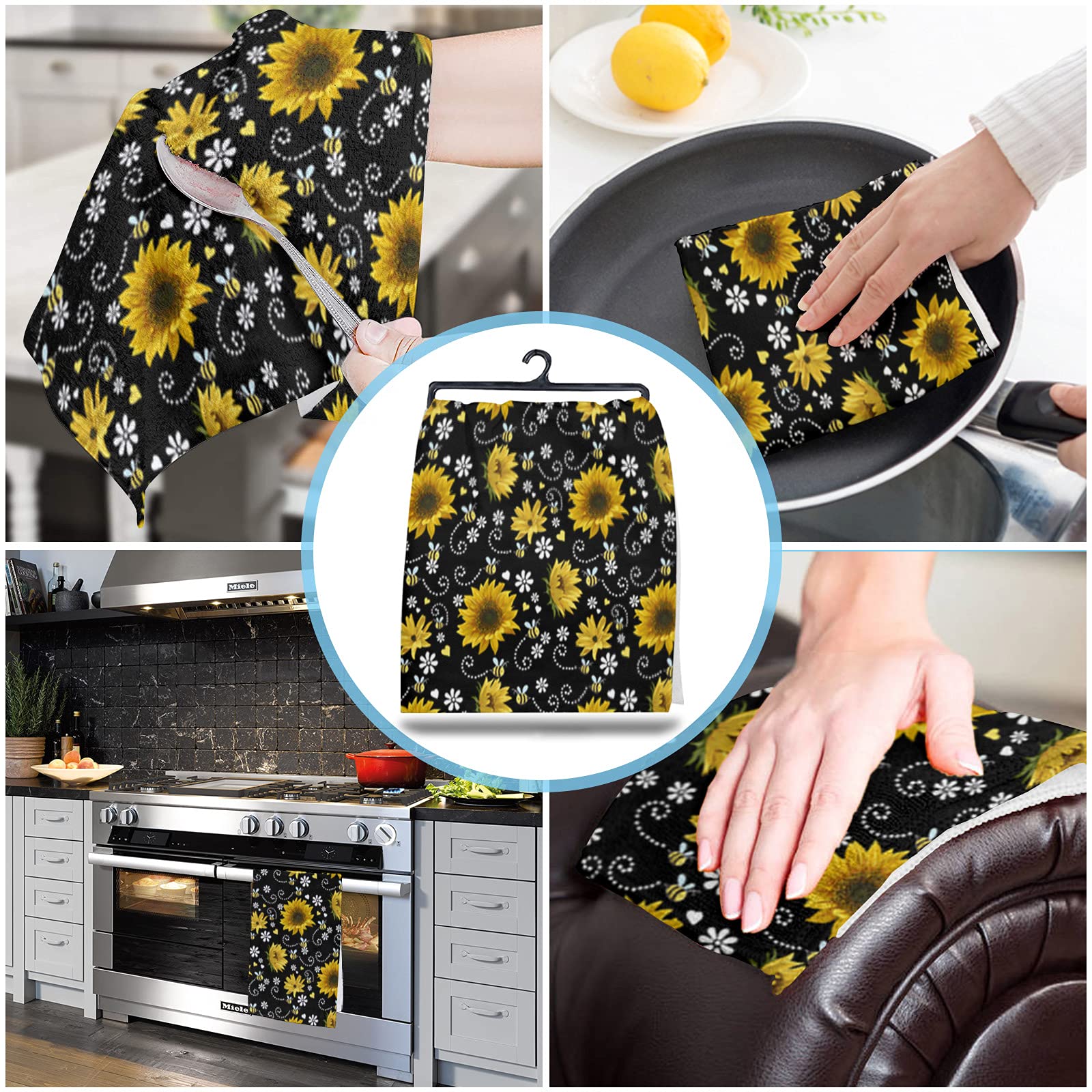 Meet 1998 Floral Sunflower Bee Kitchen Towels, Set of 2 Hand Drying Towel, Soft Absorbent Multipurpose Cloth Tea Towels for Cooking Baking, Yellow Black Washable Dish Towels Cloth 18x28 Inch