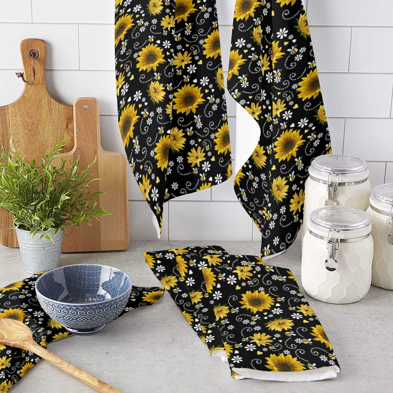 Meet 1998 Floral Sunflower Bee Kitchen Towels, Set of 2 Hand Drying Towel, Soft Absorbent Multipurpose Cloth Tea Towels for Cooking Baking, Yellow Black Washable Dish Towels Cloth 18x28 Inch