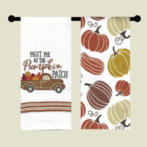 Mainstream Fall Kitchen Towels, Set of 2, Vintage Bronze Truck Meet Me at The Pumpkin Patch and Print Cotton Terry Dishtowels Drying Cloth 16 x 26 inches White, Bronze, Brown, Gold, Orange Wine, Grey