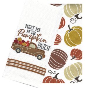 Mainstream Fall Kitchen Towels, Set of 2, Vintage Bronze Truck Meet Me at The Pumpkin Patch and Print Cotton Terry Dishtowels Drying Cloth 16 x 26 inches White, Bronze, Brown, Gold, Orange Wine, Grey