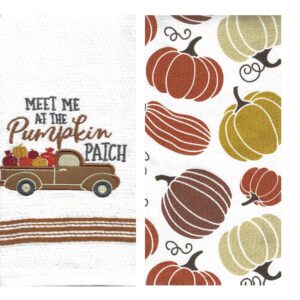 Mainstream Fall Kitchen Towels, Set of 2, Vintage Bronze Truck Meet Me at The Pumpkin Patch and Print Cotton Terry Dishtowels Drying Cloth 16 x 26 inches White, Bronze, Brown, Gold, Orange Wine, Grey