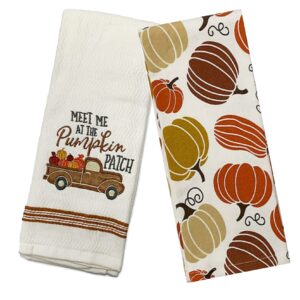 Mainstream Fall Kitchen Towels, Set of 2, Vintage Bronze Truck Meet Me at The Pumpkin Patch and Print Cotton Terry Dishtowels Drying Cloth 16 x 26 inches White, Bronze, Brown, Gold, Orange Wine, Grey