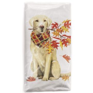 mary lake-thompson golden retriever with autumn branch cotton flow sack dish towel