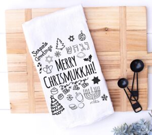 funny jewish holiday kitchen towel, hanukkah and shabbat jewish holiday gift for housewarming or hostess, handmade dish towel (chrismukkah)