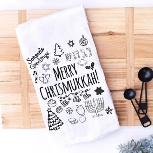 Funny Jewish Holiday Kitchen Towel, Hanukkah and Shabbat Jewish Holiday Gift for Housewarming or Hostess, Handmade Dish Towel (Chrismukkah)