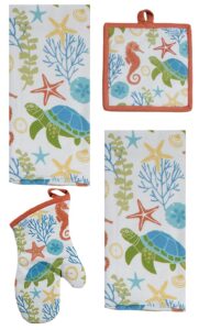 kay dee designs 4 piece beach house sea turtle kitchen bundle, 2 dual purpose towels, potholder and oven mitt