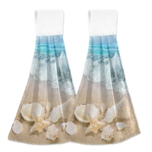 sea beach shells starfish kitchen hanging towel 12 x 17 inch ocean shore saeshell hand tie towels set 2 pcs tea bar dish cloths dry towel soft absorbent durable for bathroom laundry room decor