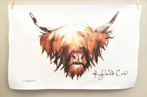 clare baird creations tea towel in a highland cow design