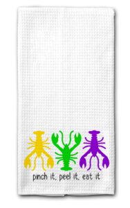 studio 9thirty3 mardi gras pinch it peel it eat it crawfish waffle weave kitchen or bar towel, mardi gras towel, housewarming gift, hostess gift