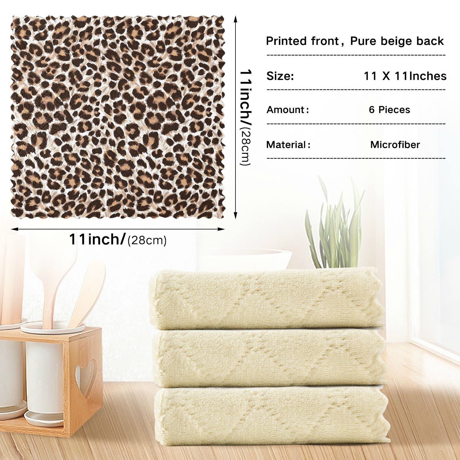 SUABO Leopard Cheetah Print Animal Kitchen Dishcloths, 6 Pack Dish Towels Quick Drying Tea Towels Absorbent Cleaning Towels Tableware Towel for Kitchen Bathroom