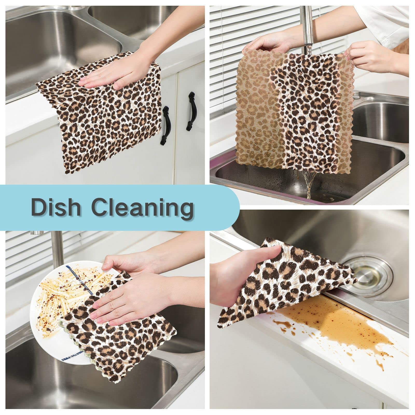 SUABO Leopard Cheetah Print Animal Kitchen Dishcloths, 6 Pack Dish Towels Quick Drying Tea Towels Absorbent Cleaning Towels Tableware Towel for Kitchen Bathroom