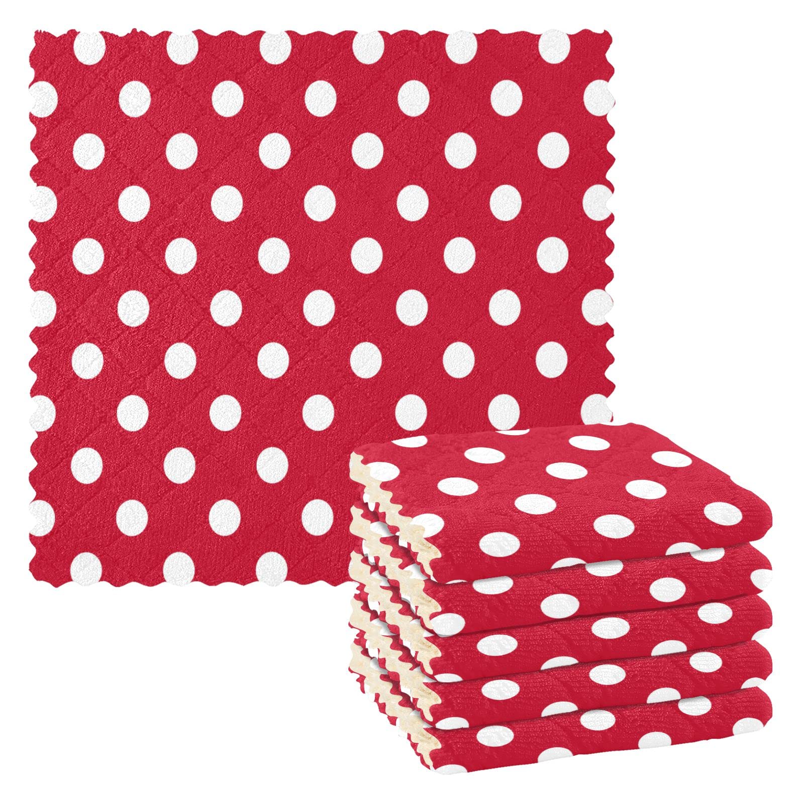 Kigai Red Polka Dot Kitchen Cloth Dish Towels, Super Absorbent Nonstick Oil Washable Cleaning Cloth for Washing Dishes Wipe Glass Home Kitchen Household Supplies 6 Pack