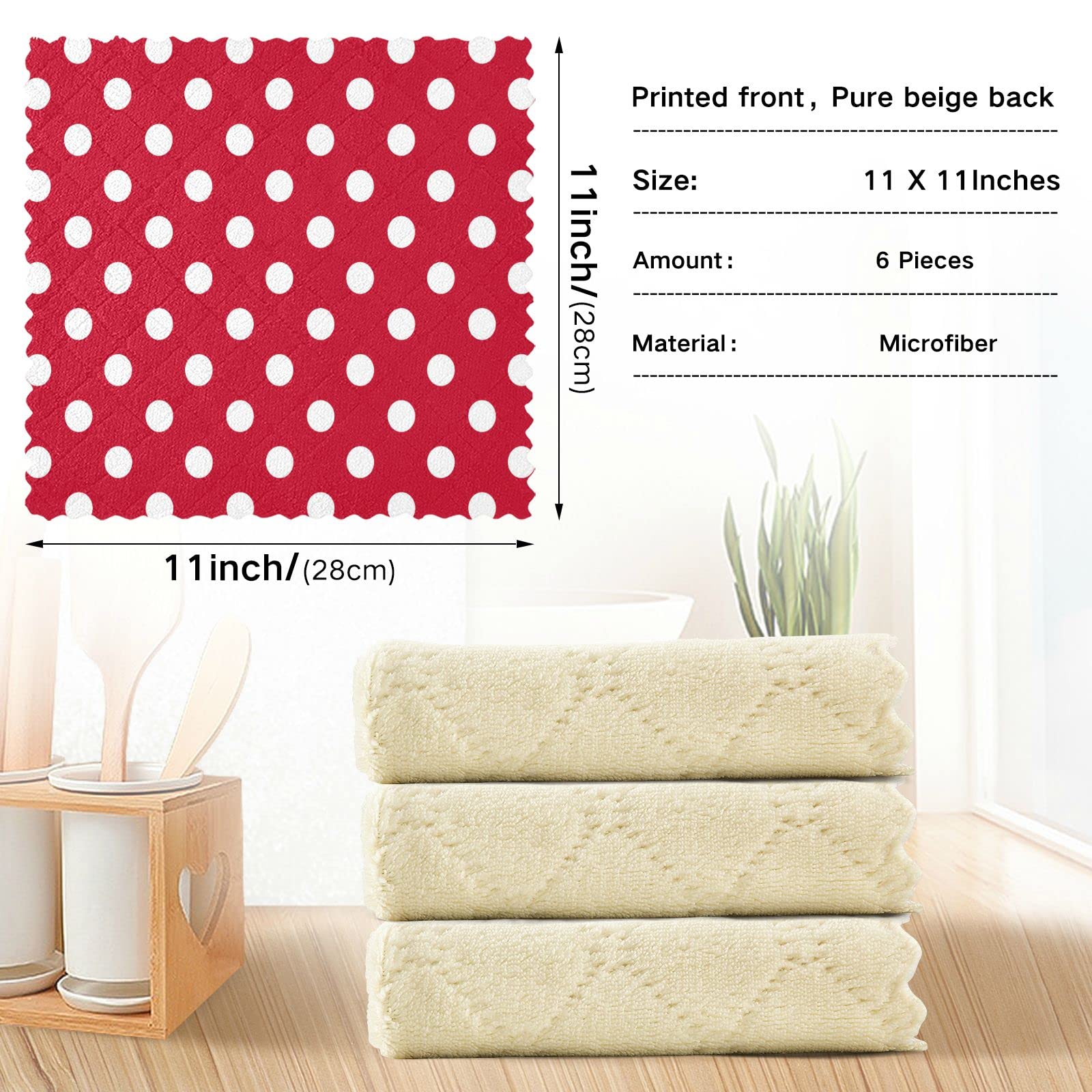 Kigai Red Polka Dot Kitchen Cloth Dish Towels, Super Absorbent Nonstick Oil Washable Cleaning Cloth for Washing Dishes Wipe Glass Home Kitchen Household Supplies 6 Pack