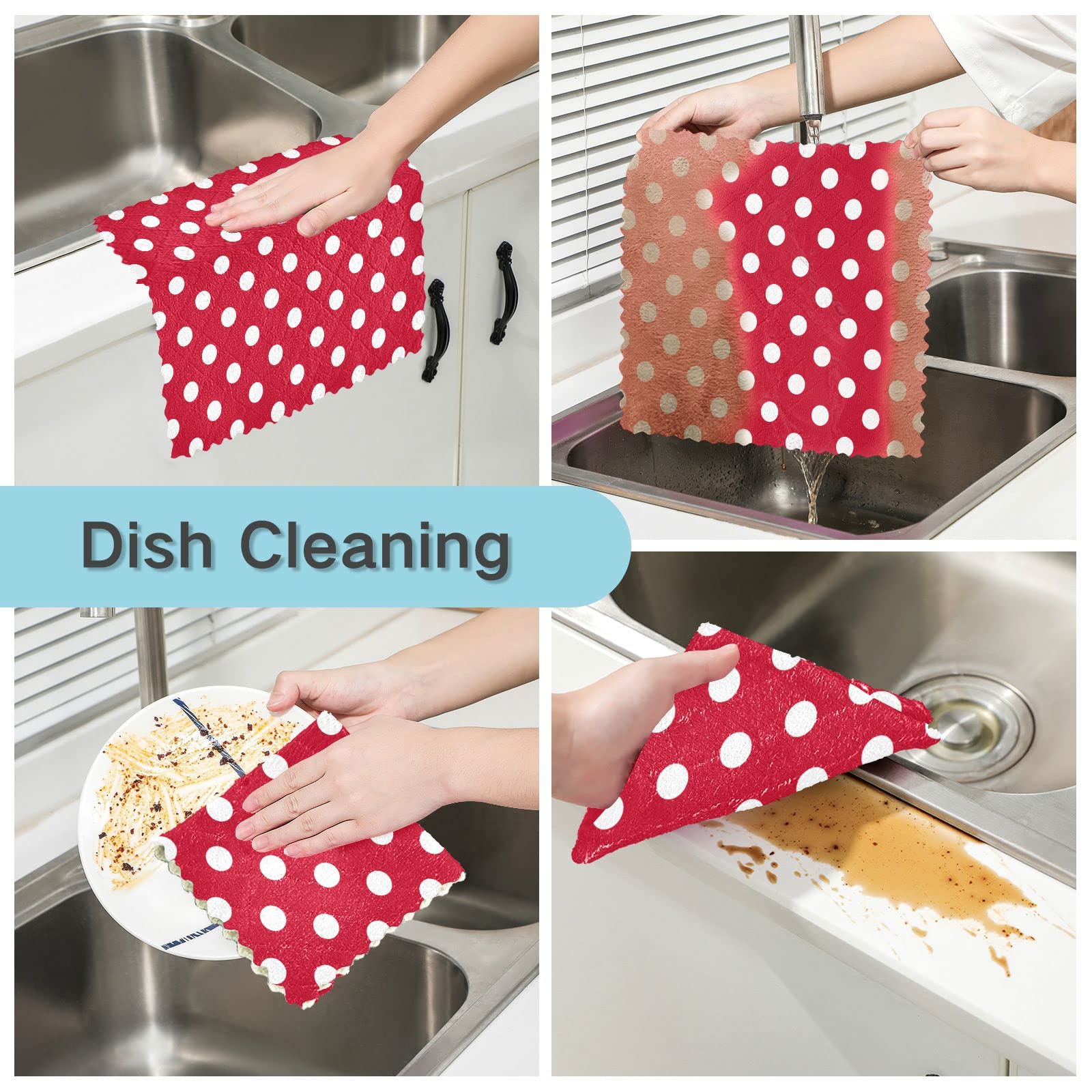 Kigai Red Polka Dot Kitchen Cloth Dish Towels, Super Absorbent Nonstick Oil Washable Cleaning Cloth for Washing Dishes Wipe Glass Home Kitchen Household Supplies 6 Pack