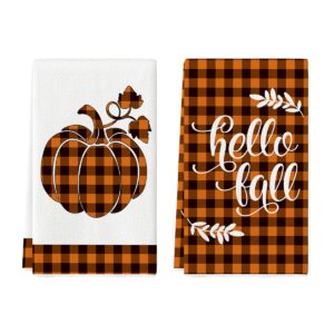 artoid mode buffalo plaid pumpkin hello fall kitchen towels dish towels, 18x26 inch eucalyptus leaves decoration hand towels set of 2