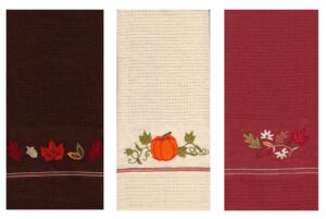 fall kitchen towels set of 3, waffle style with embroidered autumn leaves and pumpkins, burgundy, cream, and brown dishtowels with hanging loops, 16 x 26 inches, cotton construction