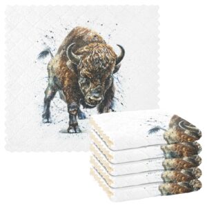 watercolor angry buffalo, bison, bull, wild animal paint on white pack of 6 pcs kitchen dish towels, absorbent soft dishcloths for bar cafe car table chair window washable towels 11 x 11 inches