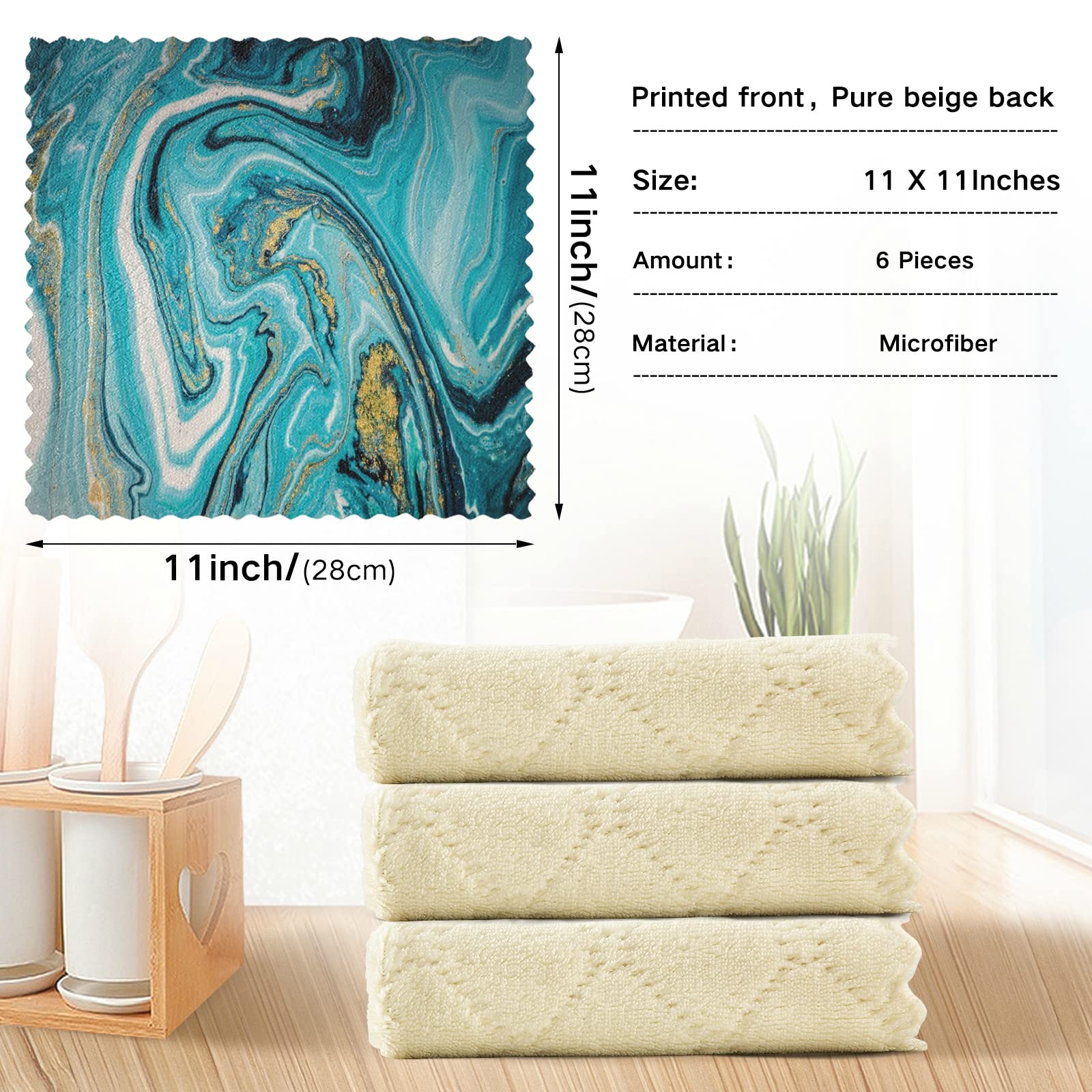 Natural Luxury Teal Turquoise Marble with Golden Powder Oriental Art Pack of 6 Pcs Kitchen Dish Towels, Absorbent Soft Dishcloths for Bar Cafe Car Table Chair Window Washable Towels 11 x 11 inches