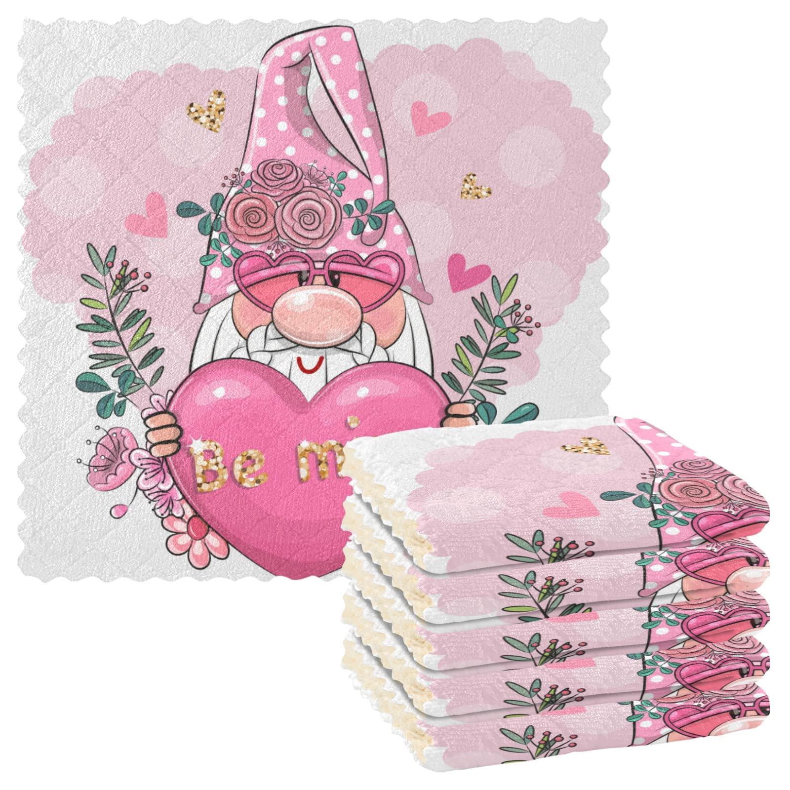 VIGTRO Be Mine Valentine Kitchen Towels Super Absorbent,Cute Cartoon Gnome Premium Dish Cloths Towels, Washable Fast Drying Dish Rags Reusable Cleaning Cloth 11x11 6 Pack