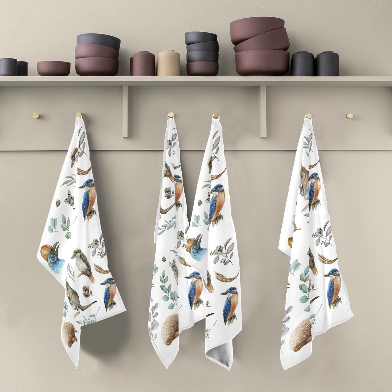 Australia Animal Bird Kitchen Towel Set Kangaroo Birds Dish Towel Set of 6 Tea Towels Large 28''x18'' Multi-Purpose Washing Cloth Home Decorative Lint-Free Dishcloths for Restaurant Household Use